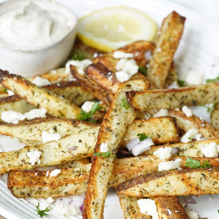 Air Fryer Greek Fries with Lemon Dill Sauce - Air Fry Anytime